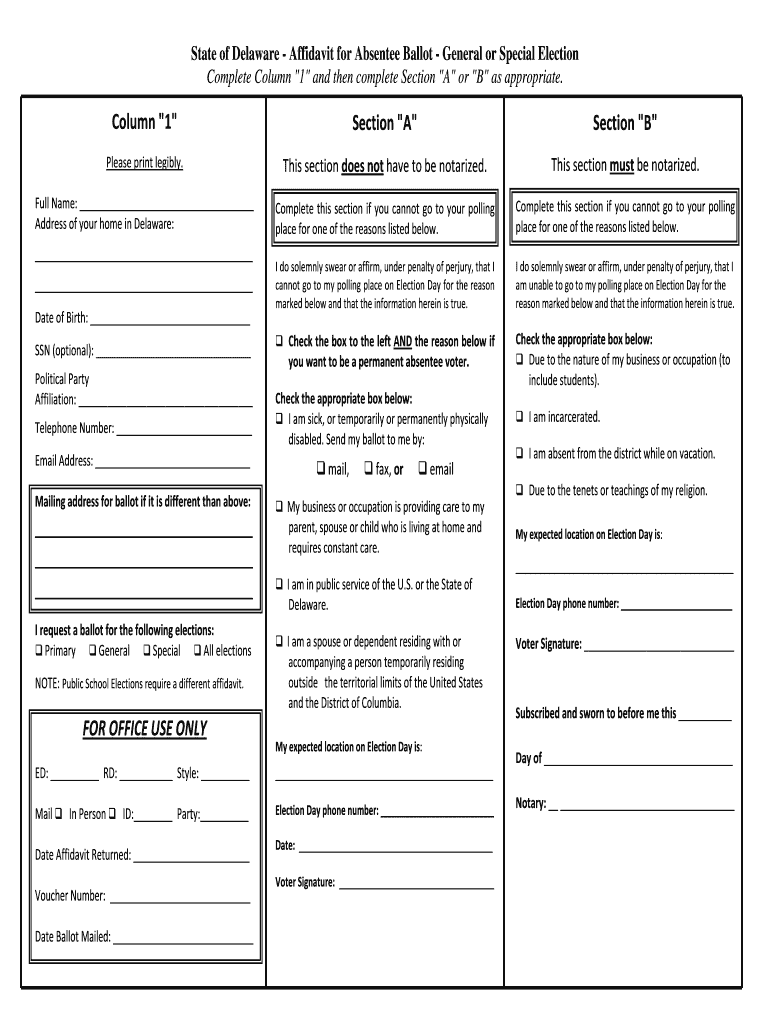 Fillable Online State of Delaware - Affidavit for Absentee Ballot ...