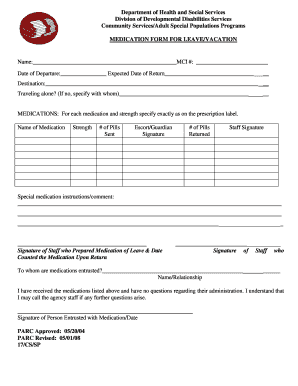 Fillable Online dhss delaware Medication Form for Leave/Vacation ...