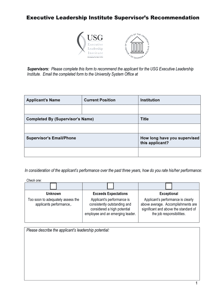 Executive Leadership Institute Supervisor's Recommendation: Fill out ...