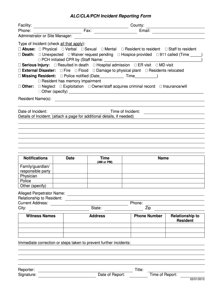 ALC CLA PCH Incident Reporting Form 2012 2022 Fill And Sign Printable