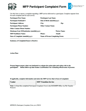 Fillable Online dch georgia MFP Participant Complaint Form Use this ...