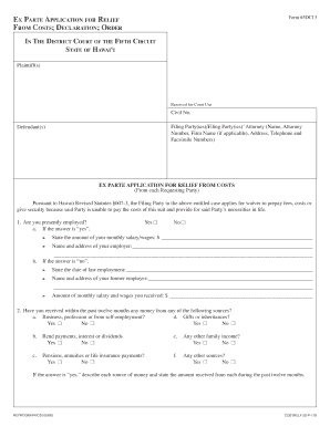 Fillable Online state hi EX PARTE APPLICATION FOR RELIEF FROM COSTS ...