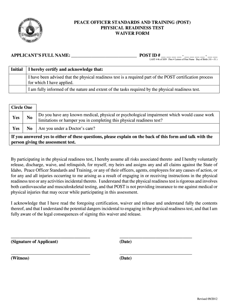 Fillable Online Physical Readiness Test Waiver Form Fax Email Print ...