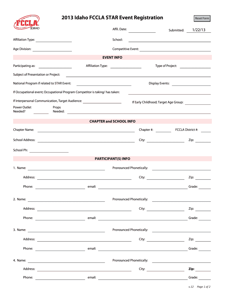 Fillable Online 2013 Idaho FCCLA STAR Event Registration Fax Email ...