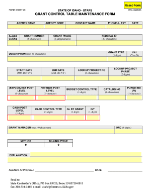 Fillable Online sco idaho STARS - Grant Control Table Maintence Form ...