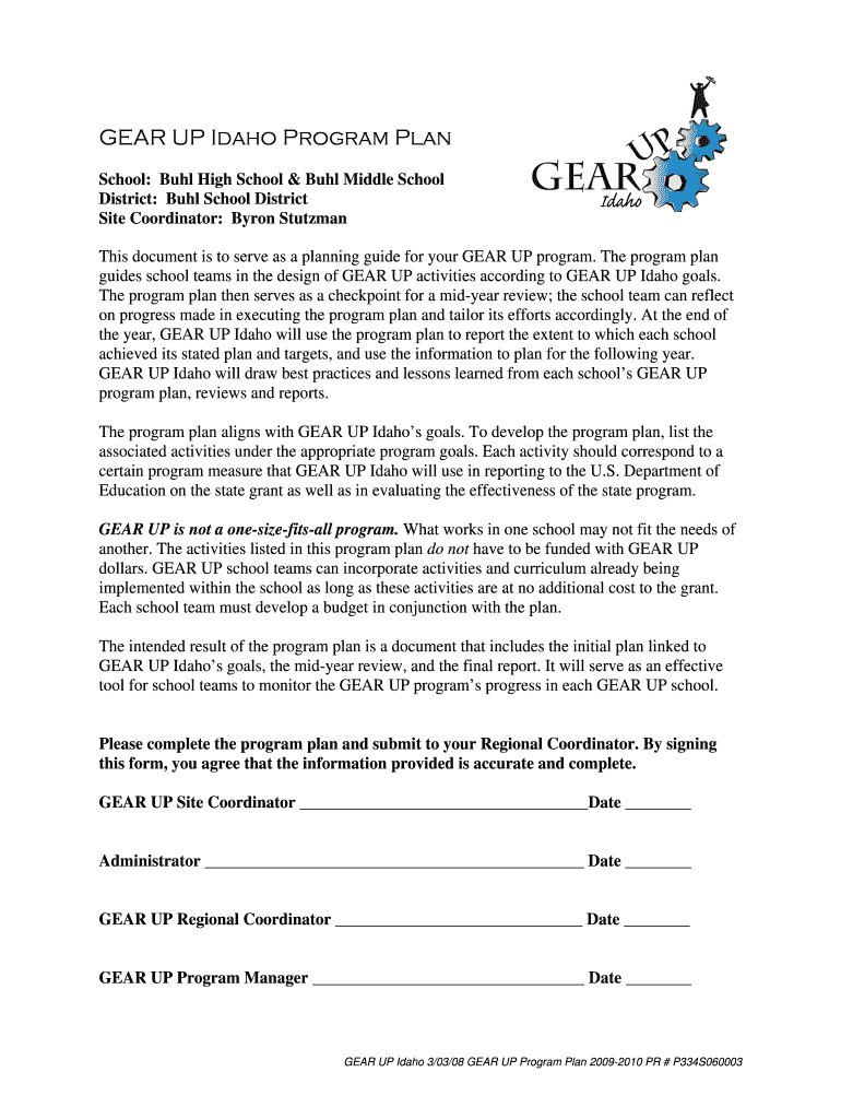 Fillable Online GEAR UP Idaho Program Plan 2009-2010 Fax Email Print ...