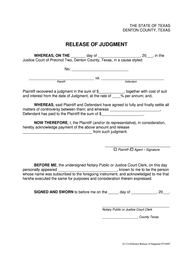 Fillable Online Release of Judgment in Justice Court Fax Email Print ...