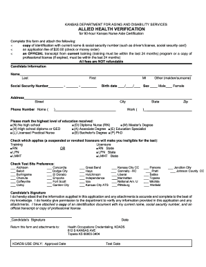 Fillable Online ALLIED HEALTH VERIFICATION - Kansas Department on Aging Fax Email Print - pdfFiller