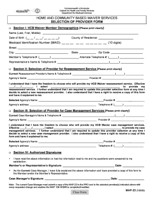 Fillable Online chfs ky MAP-23 HCBW Selection of Provider Form 07-05 ...