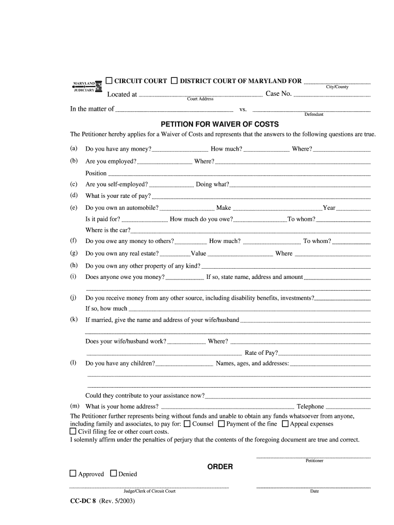 Fillable Online Petition for Waiver of Costs Fax Email Print - pdfFiller