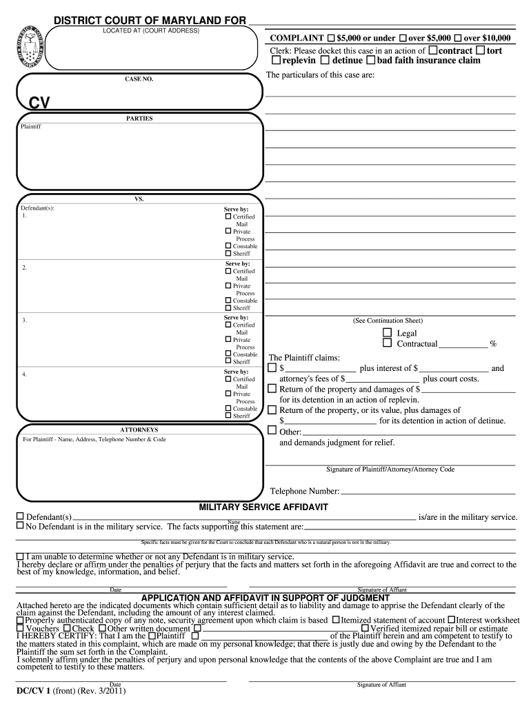 Fillable Online District Court of Maryland Complaint Form Fax Email ...
