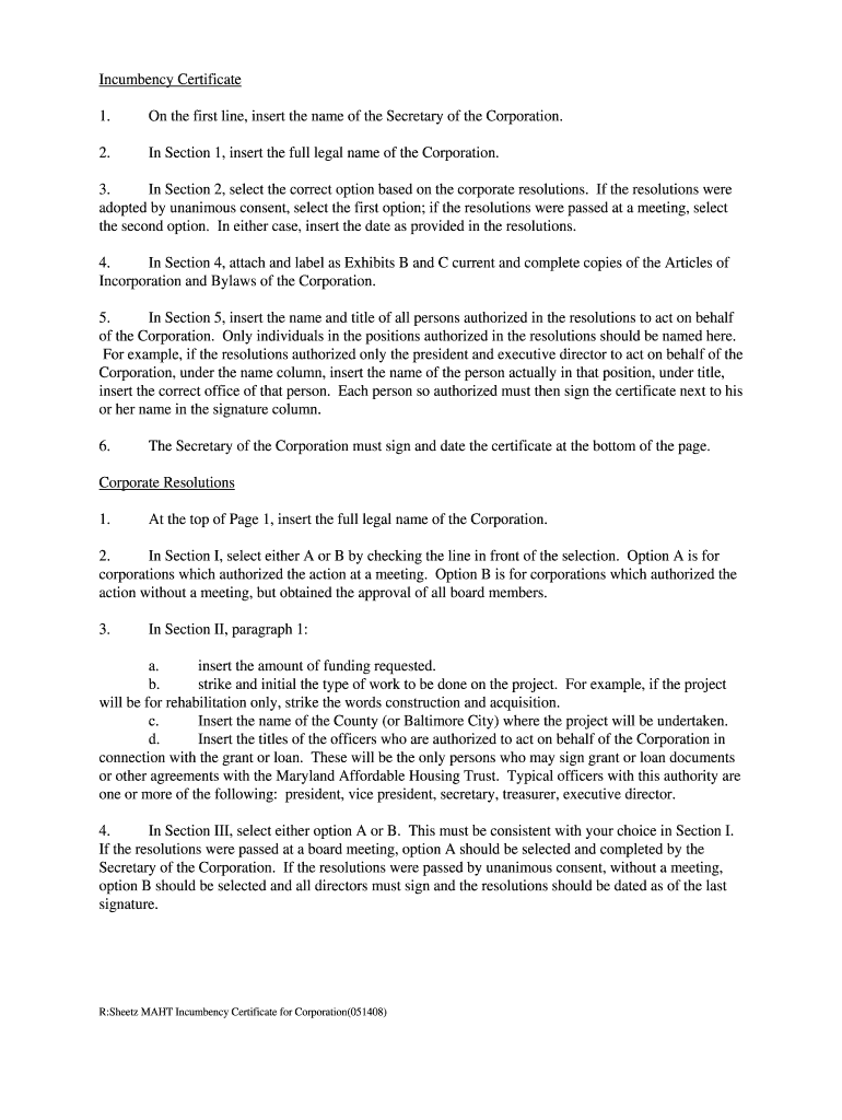 Fillable Online Incumbency Certificate for Corporation Fax Email Print - pdfFiller