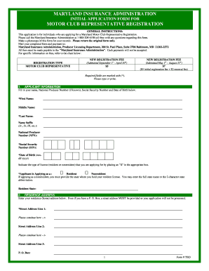 Fillable Online mdinsurance state md Maryland Motor Club Representative ...