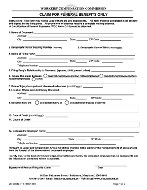 Fillable Online wcc state md Claim for Funeral Benefits Only - Maryland ...
