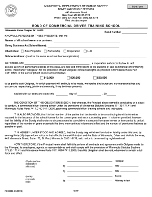 BOND OF COMMERCIAL DRIVER TRAINING SCHOOL (Minnesota ... - Fill and ...