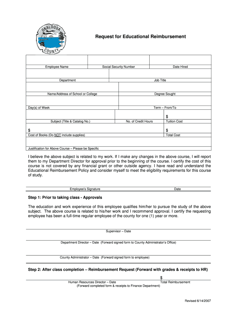 Fillable Online Educational Reimbursement Request Form Fax Email Print ...