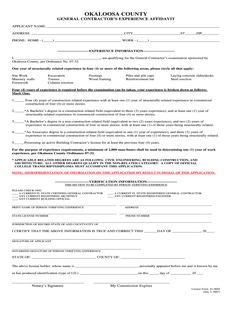 General Contractor Affidavit - Okaloosa County: Fill out & sign online ...