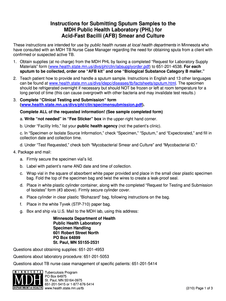 Fillable Online Instructions for Submitting Sputum Samples to the MDH ...