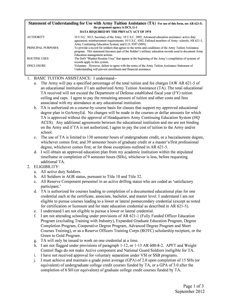 Fillable Online Statement of Understanding for Army Tuition Assistance ...