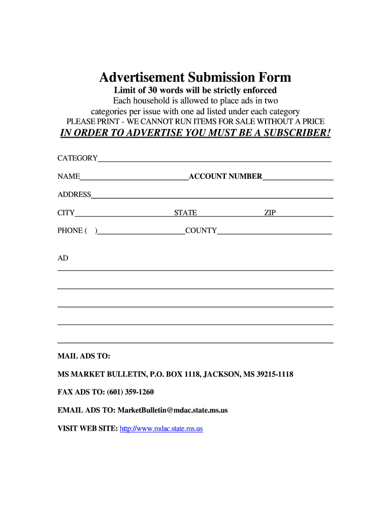 Fillable Online Advertisement Submission Form for Mississippi Market ...