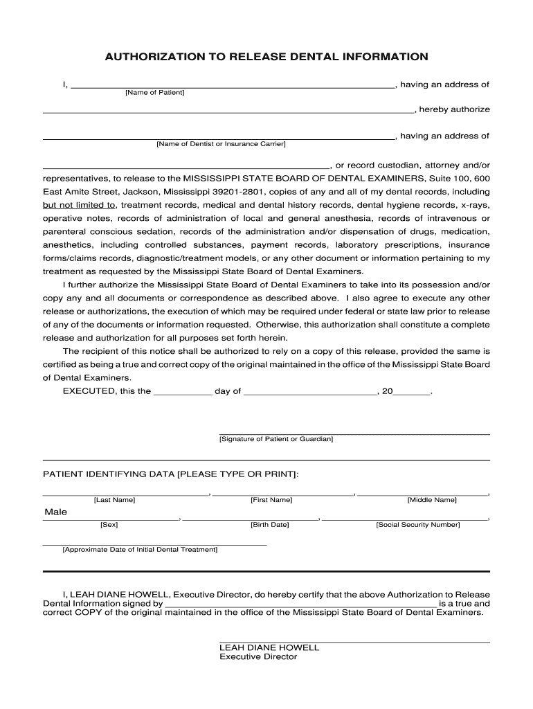 Fillable Online Authorization to Release Dental Information Fax Email ...