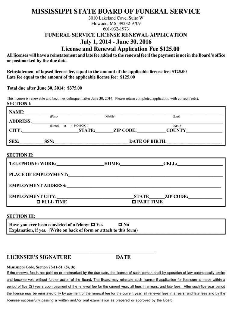 Fillable Online FUNERAL SERVICE LICENSE RENEWAL APPLICATION Fax Email ...