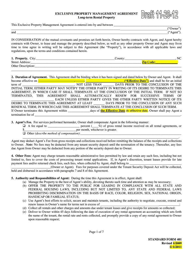Nc exclusive property management agreement 2009 form: Fill out & sign ...