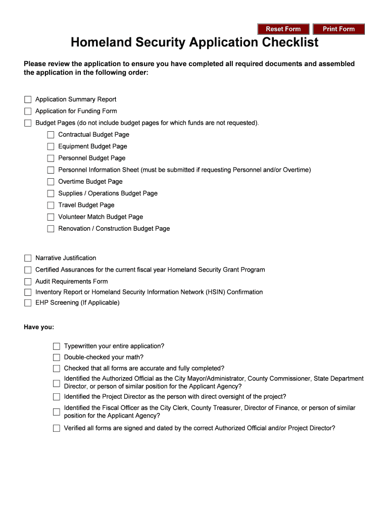 Fillable Online Homeland Security Application Checklist Fax Email Print ...