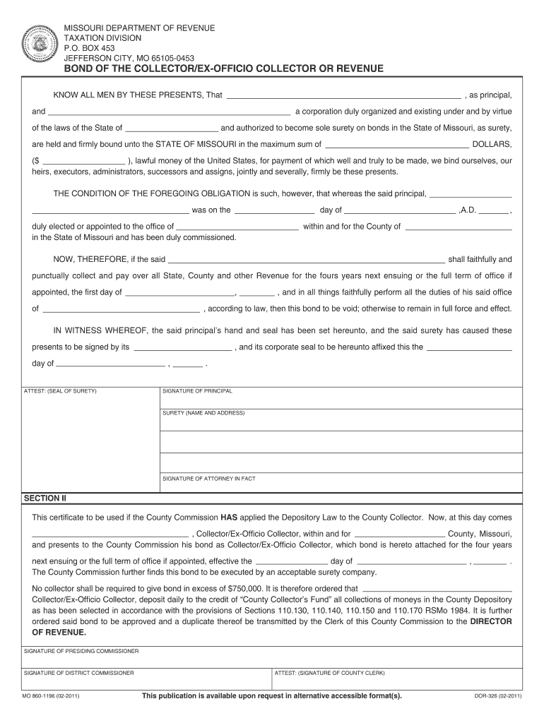 Form 326 - Bond of the Collector or Ex-Officio Collector of Revenue ...