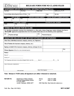 Fillable Online dmv ne ACCIDENT - Release Form for No Claims Filed ...