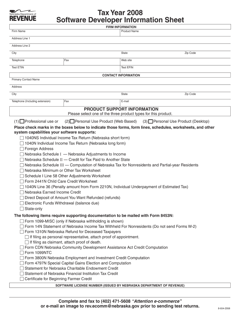 Fillable Online Tax Year 2008 Software Developer Information Sheet Fax Email Print - pdfFiller