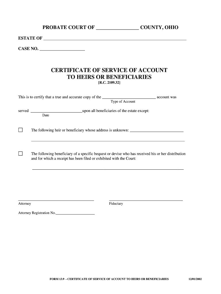 Fillable Online sconet state oh Certificate of service of account to ...