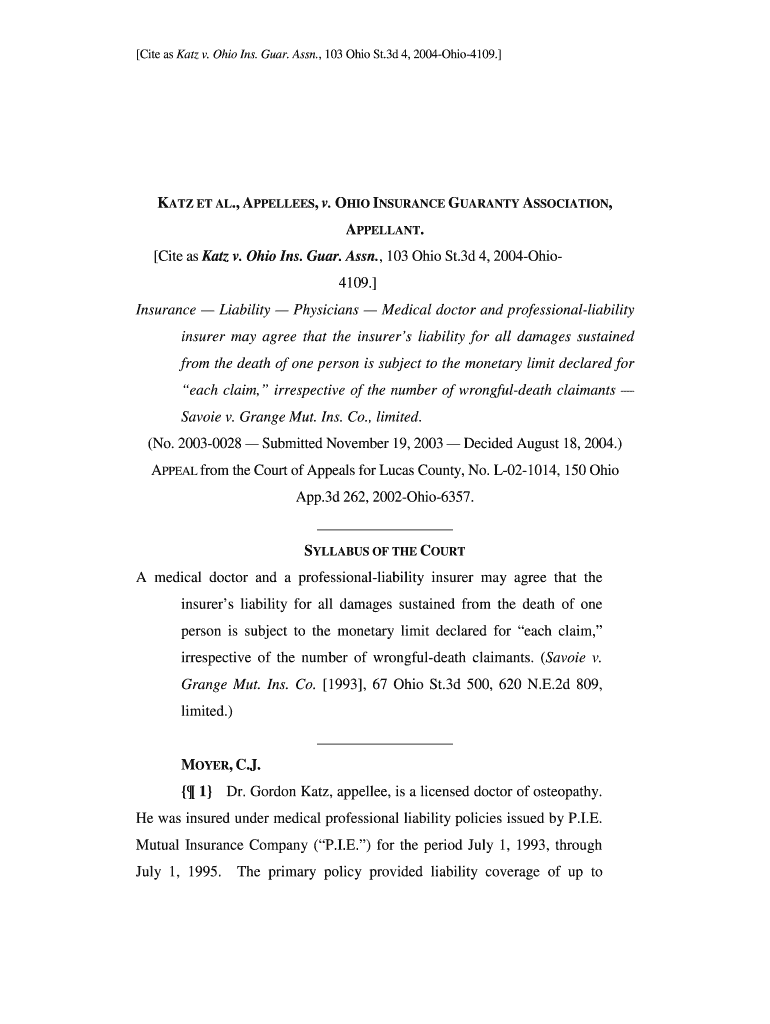 Katz v Ohio Ins Guar Assn - Supreme Court - sconet state oh: Fill out ...