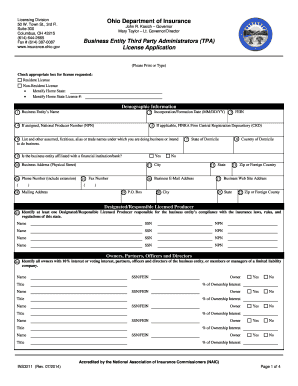 Fillable Online insurance ohio INS3211. BUSINESS ENTITY TPA LICENSE ...
