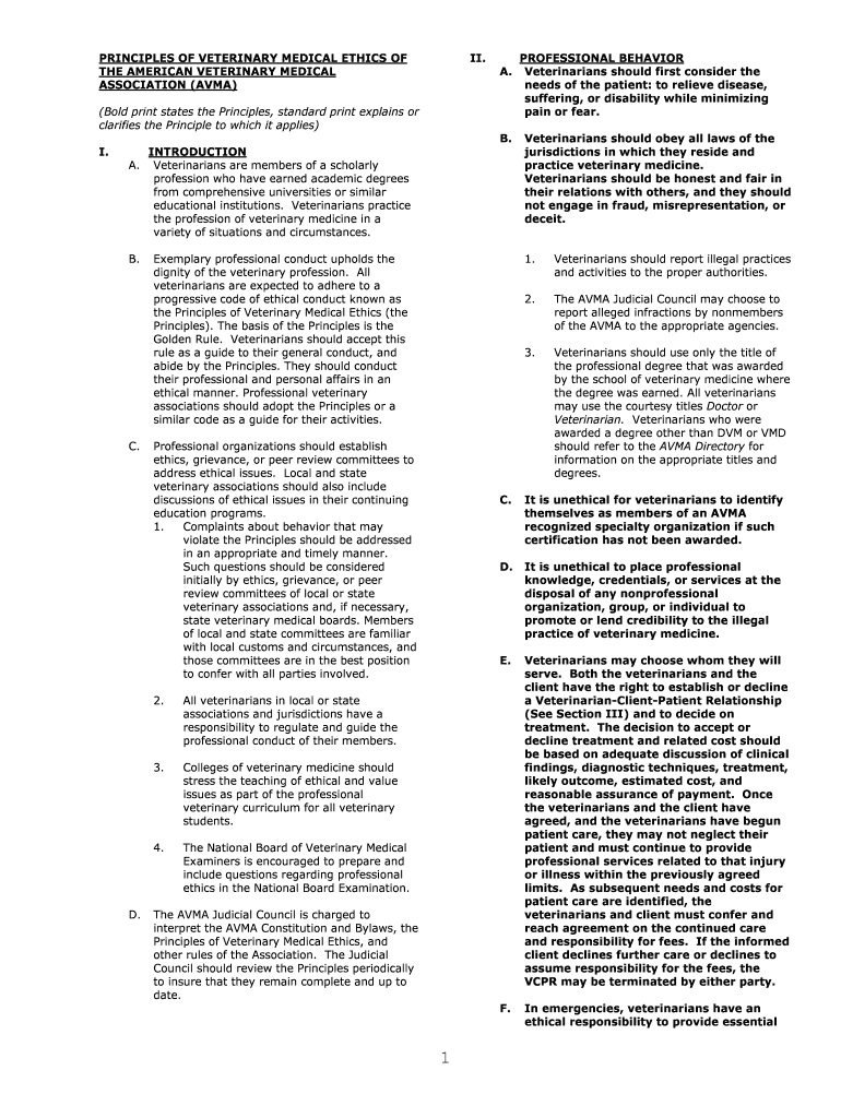 Fillable Online PRINCIPLES OF VETERINARY MEDICAL ETHICS OF THE AMERICAN ...