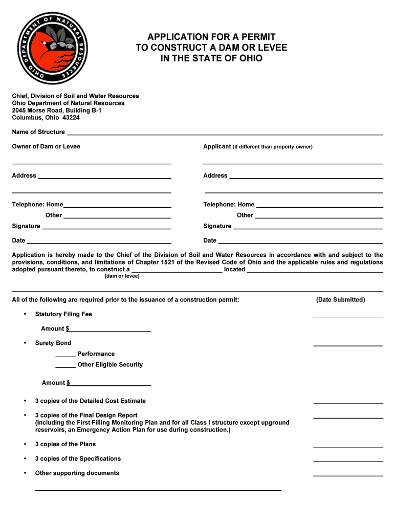 Fillable Online Application for Permit to Construct a Dam or Levee Fax ...