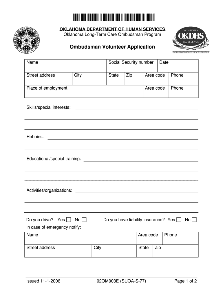 Fillable Online Ombudsman Volunteer Application Fax Email Print - pdfFiller