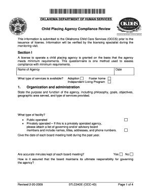 Fillable Online okdhs Form 07LC043E (OCC-43). Child Placing Agency ...
