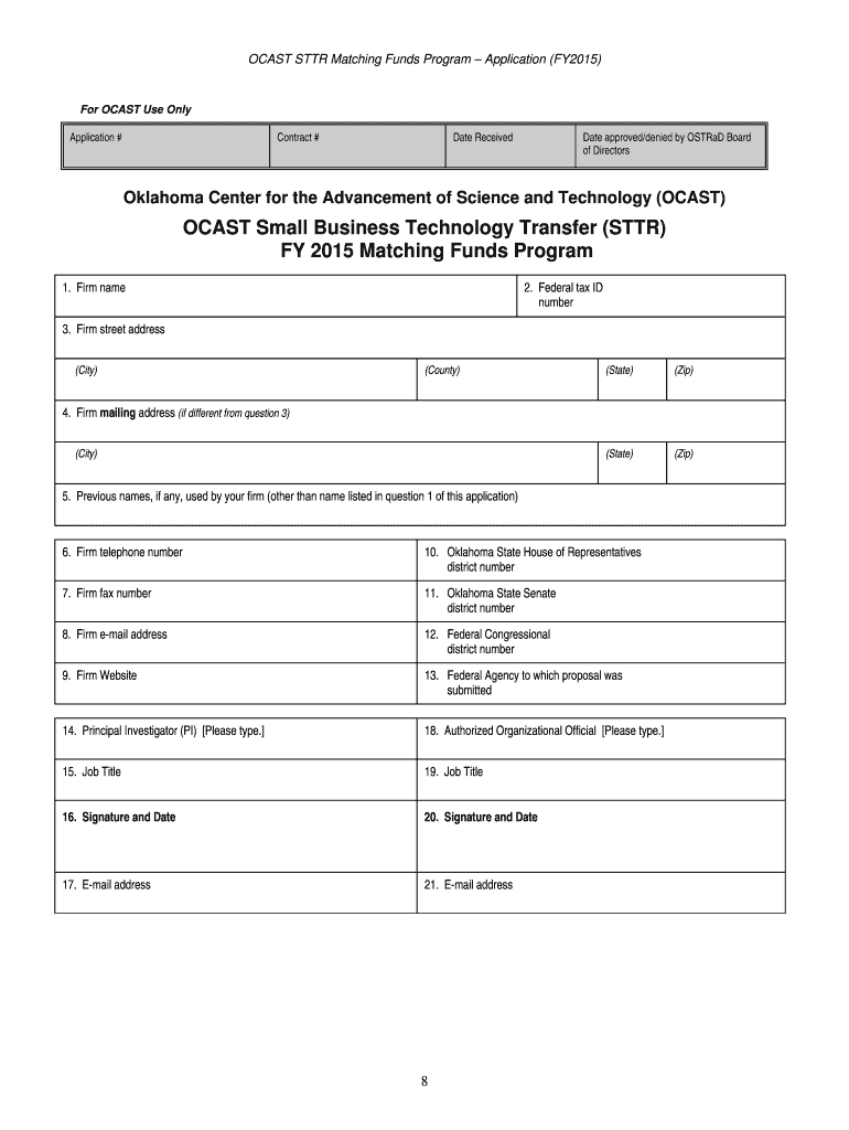 Fillable Online Small Business Technology Transfer (STTR) Phase II Matching Funds Program Fiscal ...
