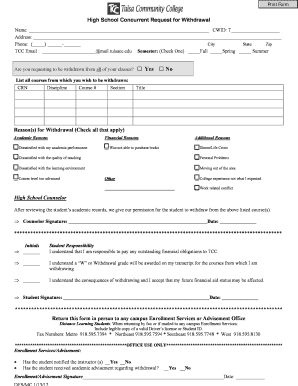 Fillable Online tulsacc High School Concurrent Request for Withdrawal High School ... Fax Email ...