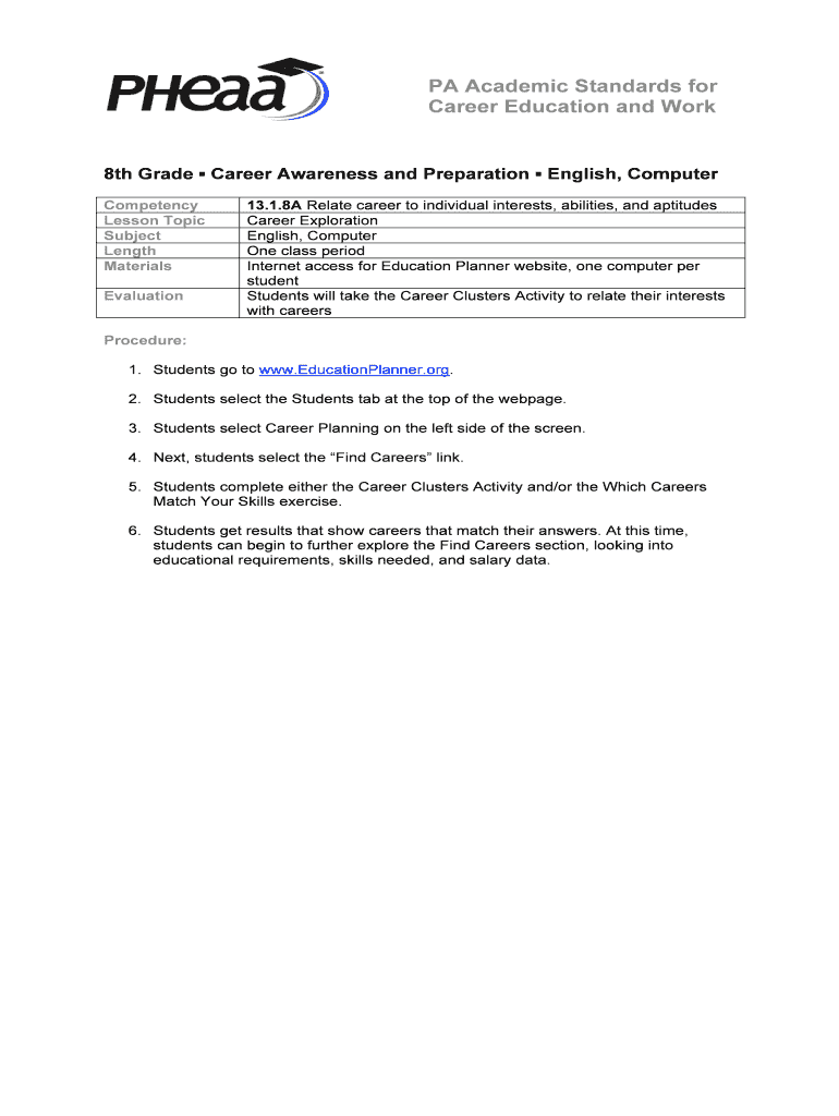Fillable Online pheaa 8thCareerAwarenessEnglish - updates 6-6 - pheaa ...