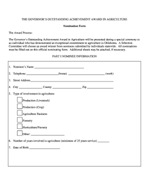 The Governor's Outstanding Achievement Award In Agriculture - Fill and ...