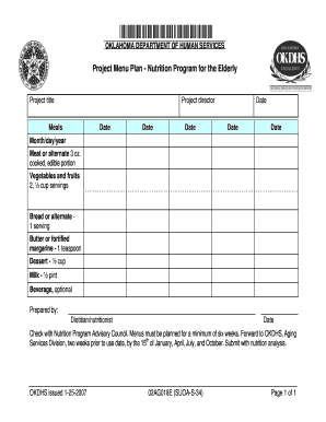 Oklahoma Nutrition Program for the Elderly Menu Plan - Blank Fillable ...