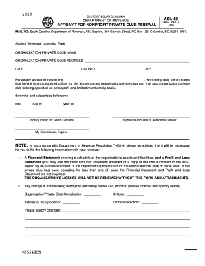 Fillable Online sctax AFFIDAVIT FOR NONPROFIT PRIVATE CLUB RENEWAL ...