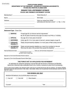 Fillable Online nj REQUEST FOR A RETIREMENT ESTIMATE - State of New ...