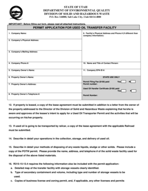 Fillable Online hazardouswaste utah Permit Application for Used Oil ...