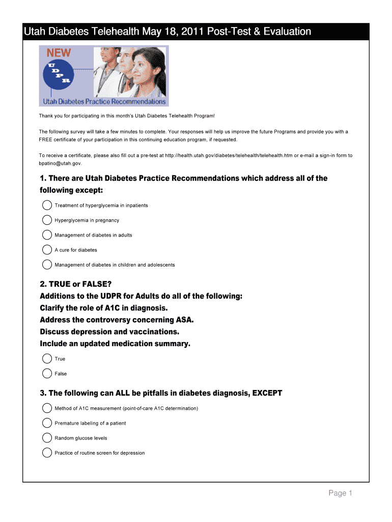 Fillable Online Utah Diabetes Telehealth Program Post-Test and ...