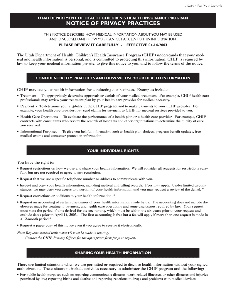 UTAH DEPARTMENT OF HEALTH, CHILDREN'S HEALTH INSURANCE PROGRAM - health ...