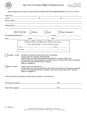 Fillable Online realestate utah Real Estate Company/Branch Registration ...