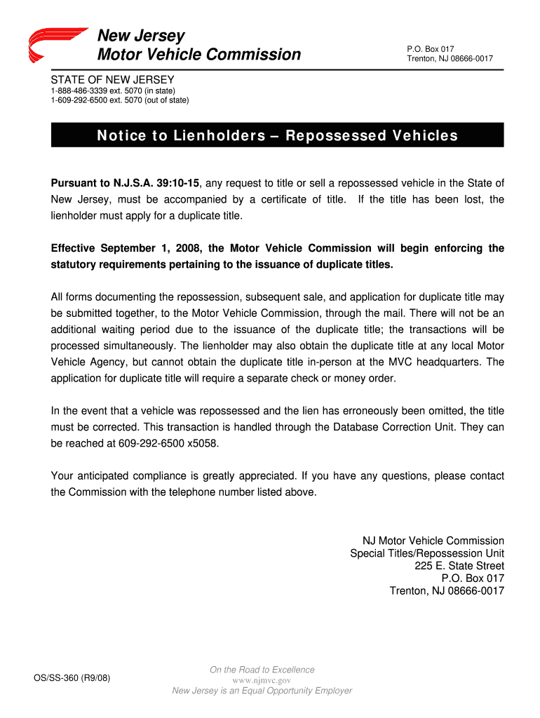 Fillable Online Notice to Lienholders – Repossessed Vehicles Fax Email ...
